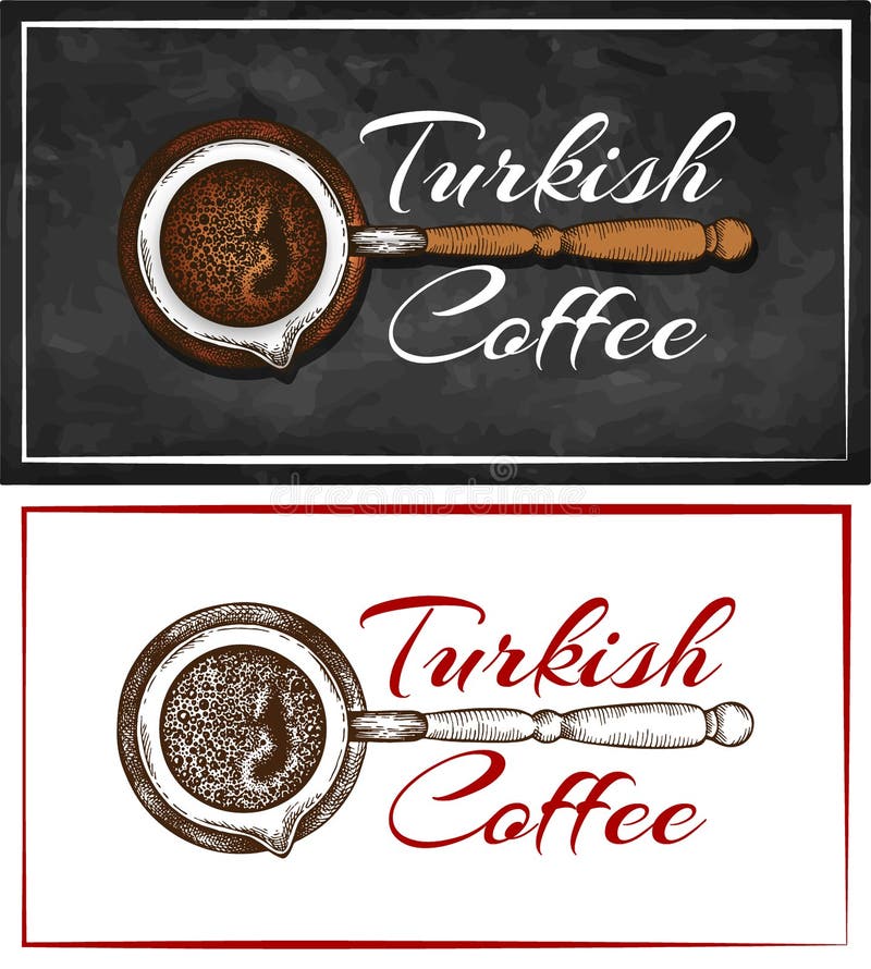Sketch Drawing Colorful Logo of Turkish Coffee Isolated on Chalkboard ...
