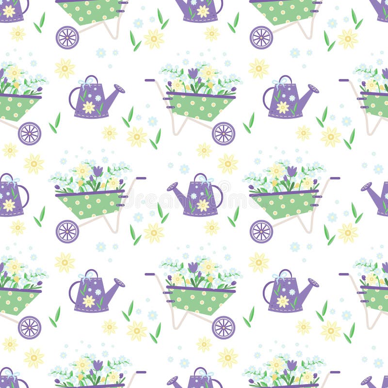 Seamless Vector Pattern, Farm Cart, Flower Pot on Polka Dot Cart for ...