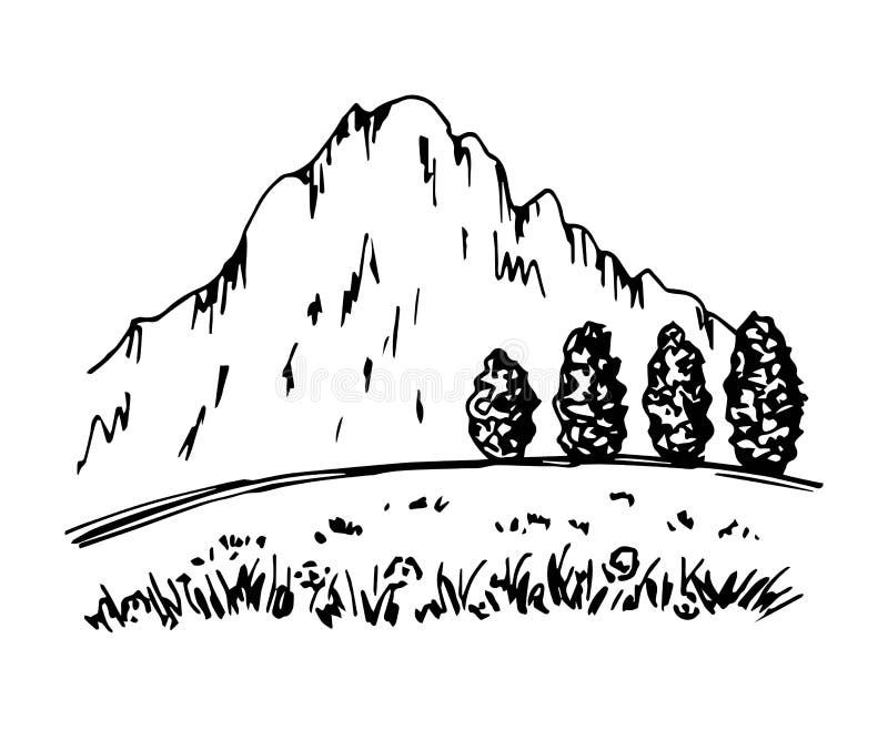 Simple Hand-drawn Vector Drawing in Black Outline. Alpine Mountain ...