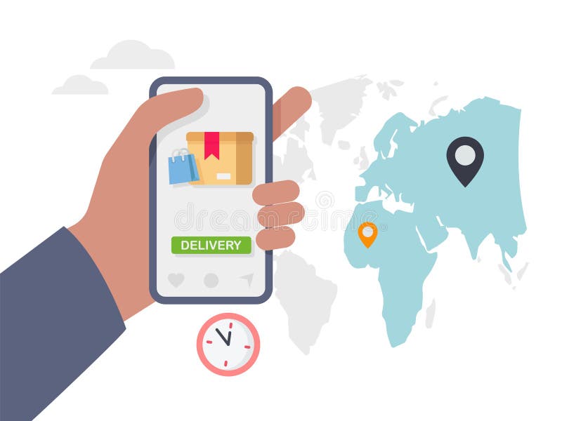 Hand Holding Mobile with Delivery Tracking. Creative Info Graphics ...