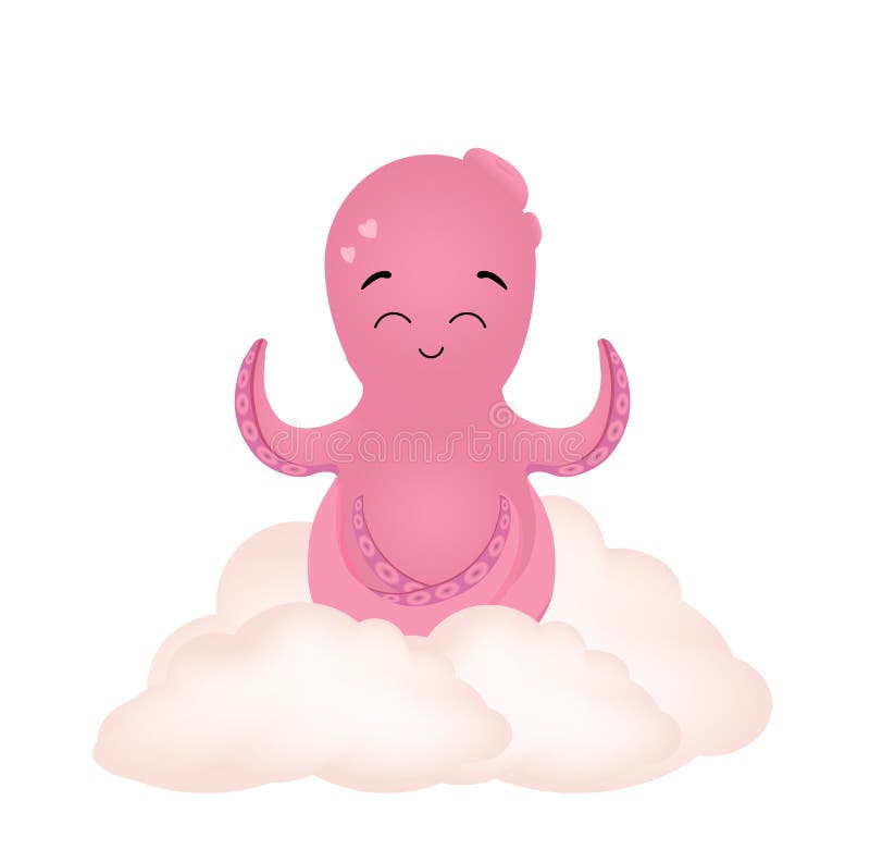 Cute Childish Octopus Character Print. Pink Octopus on a Cloud. Clipart ...