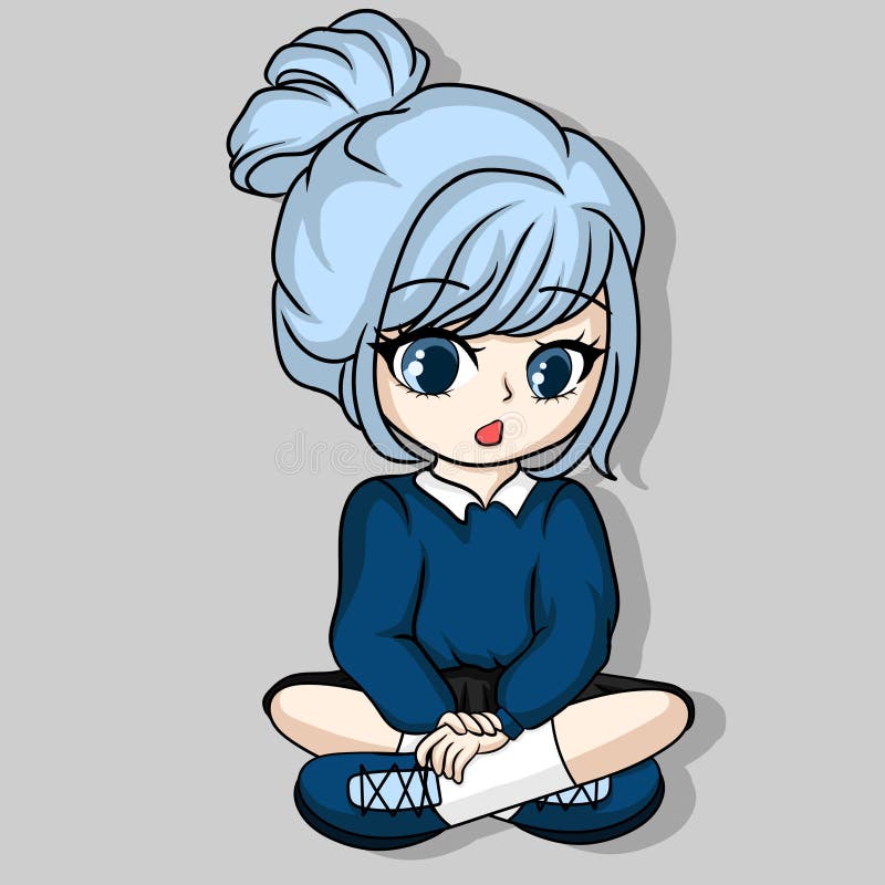 Illustration Art Cute Girl Chibi Blue Hair Character Design Stock ...
