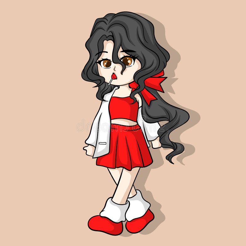 Illustration Art Cute Chibi Girl Red Dress with Candy Character Design ...