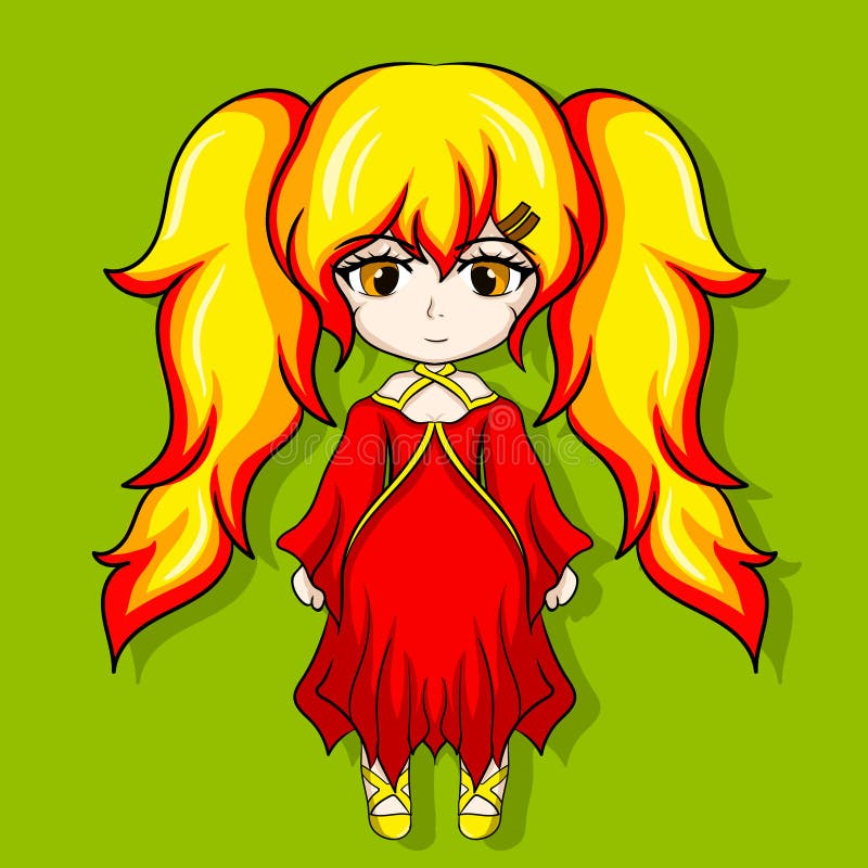 Illustration Art Cute Girl with Fire Pig Tail Hair Red Long Dress ...