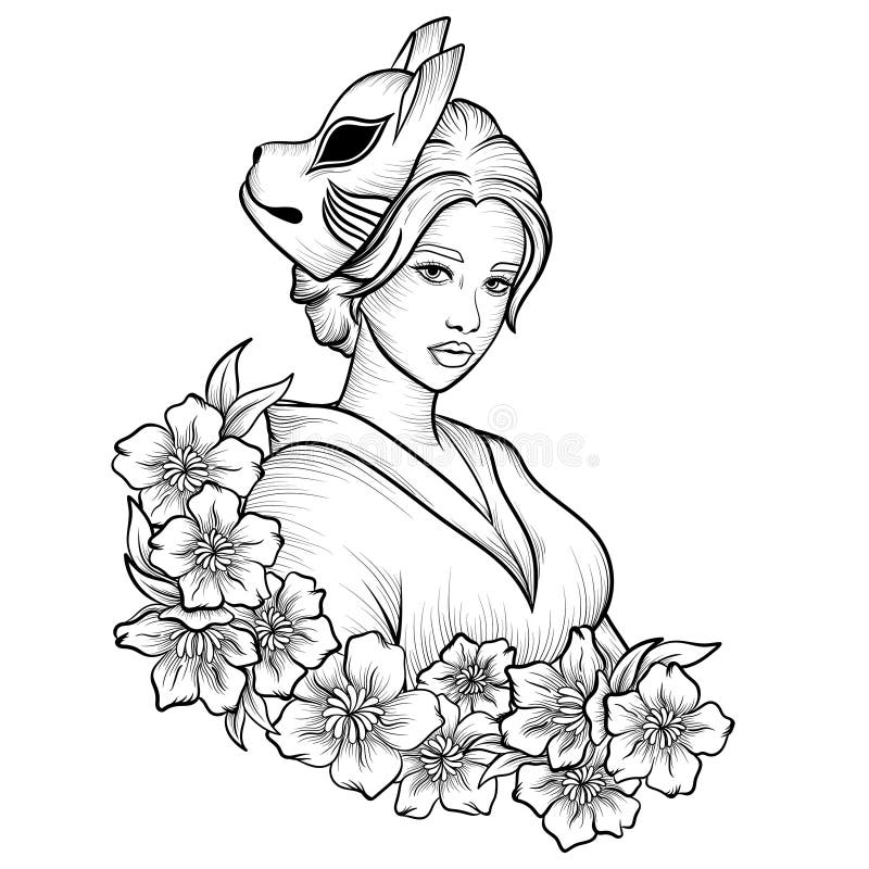 Illustration Monochrome Art Geisha Girl Kitsune Mask with Sakura Flower ...