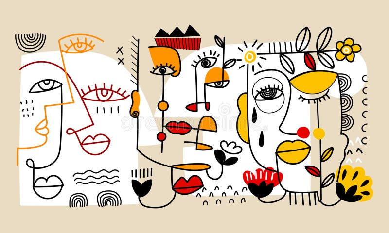 Abstract Face Portrait Geometric Doodle Line Art Print. Stock Vector ...