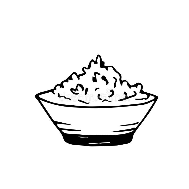 Vector Illustration in Black Outline. Porridge, Bowl of Boiled Rice ...
