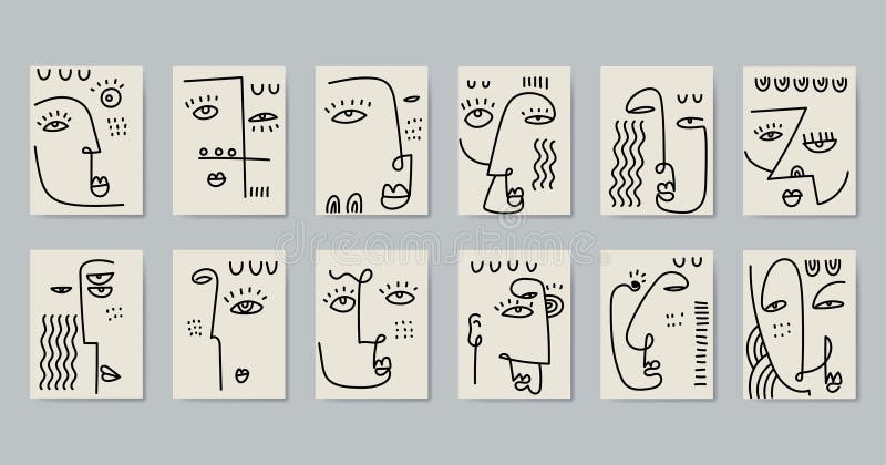 Set of Line Drawing Abstract Face Portrait Art Print. Stock Vector ...