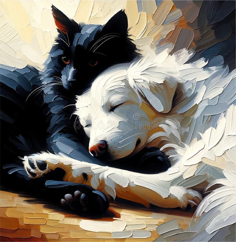 A Black Cat Cuddling a White Dog Stock Illustration - Illustration of ...