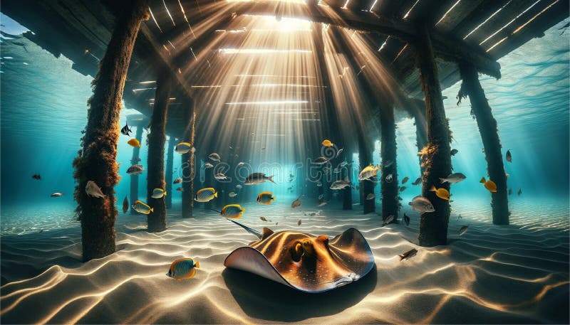 Stingray Hovering Under the Pier Stock Illustration - Illustration of ...