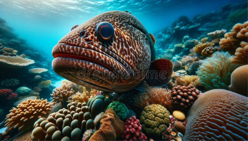 Grouper Fish Hovers Over the Coral Reef Stock Illustration ...