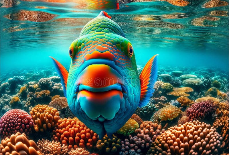 Parrot Fish Hovers Over the Coral Reef Stock Illustration ...