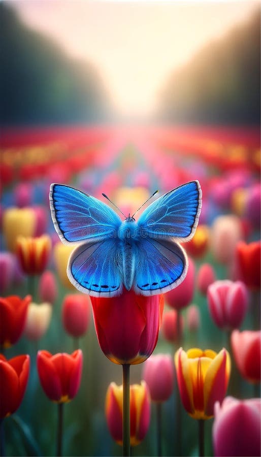 Adonis Blue Butterfly at the Field of Tulips Stock Illustration ...