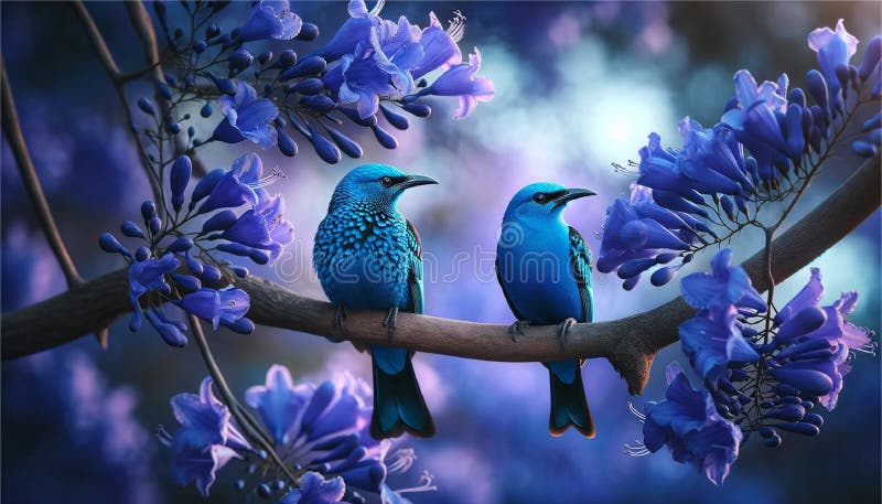 A Pair of Spangled Cotingas on a Blue Jacaranda Tree Stock Illustration ...