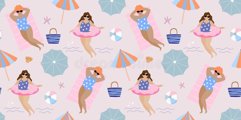 Summer Seamless Pattern with Women at the Beach Stock Vector ...