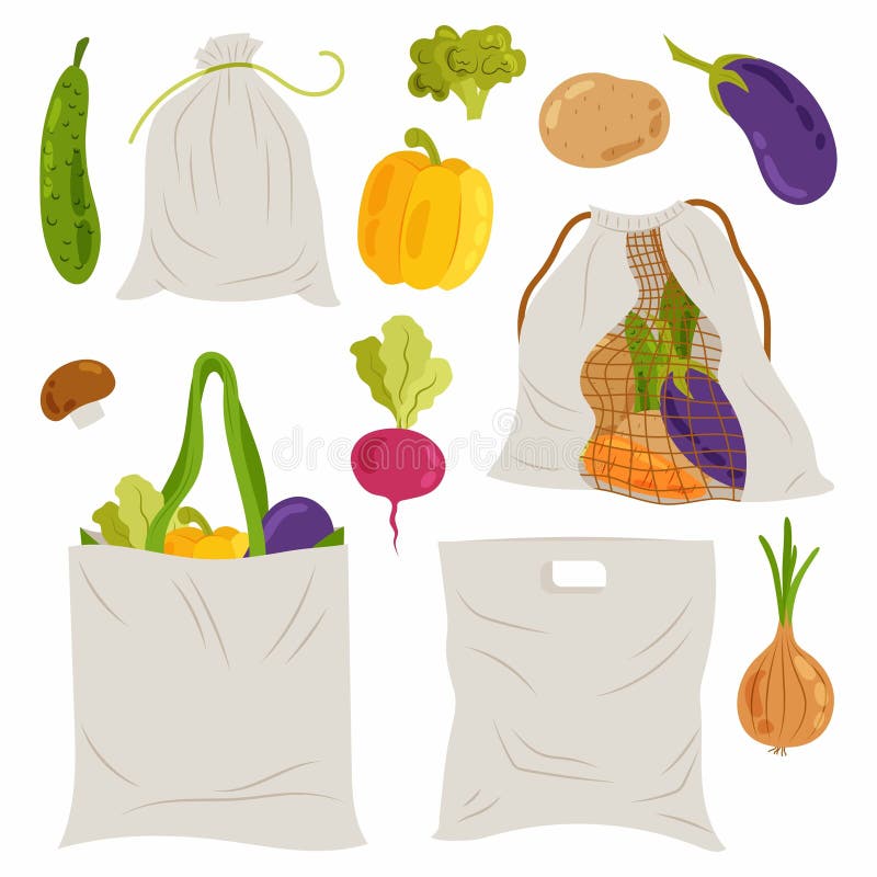 A Set Illustrations of Vegetables with Different Textile Bags. Reusable ...