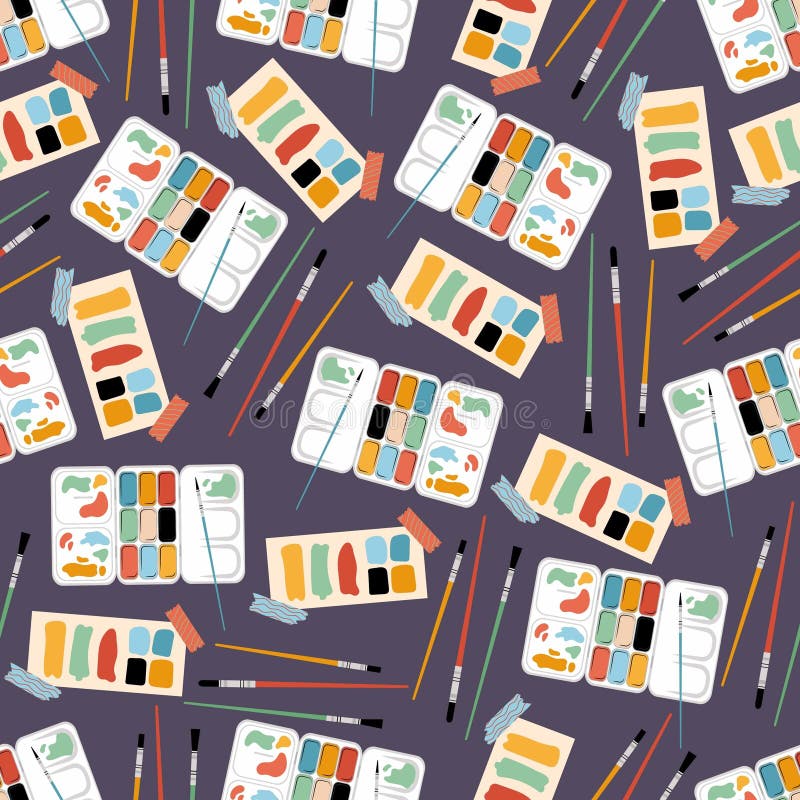 Seamless Pattern with Watercolour Paints and Paint Brushes. Materials ...
