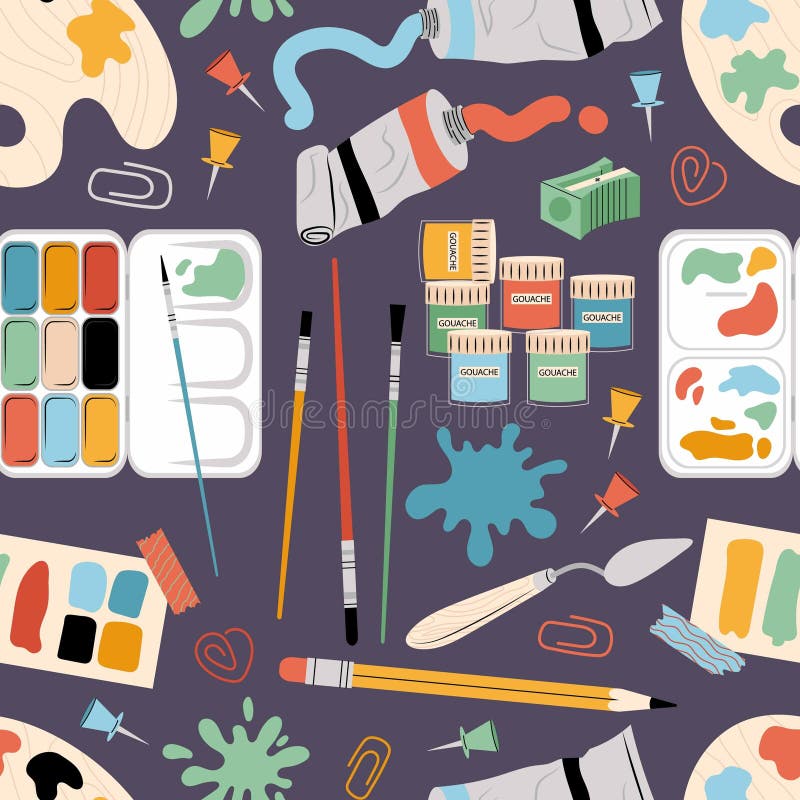 Seamless Pattern with Painting Materials. Paints with Brushes for ...