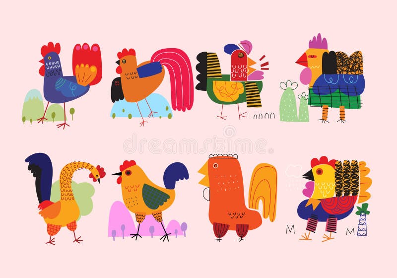Colorful Abstract Chicken Hen Rooster Hand Drawing Pattern Design ...