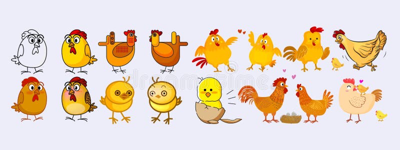 Cute Baby Chicken Hen Rooster Cartoon Comic Character Vintage Vector ...