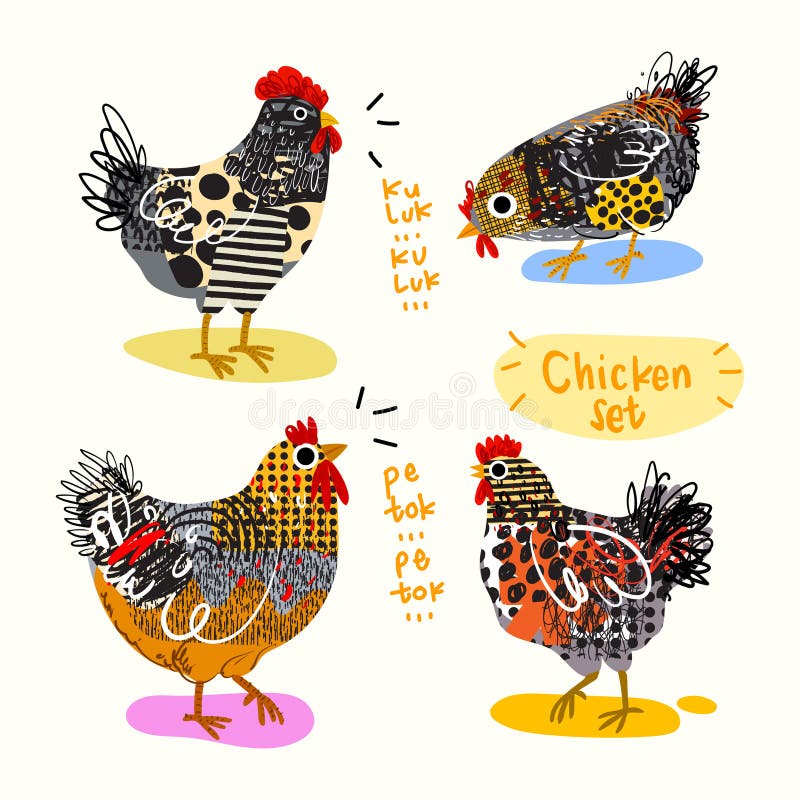 Abstract Chicken Hen Rooster Colorful Geometric Hand Drawn Vector ...