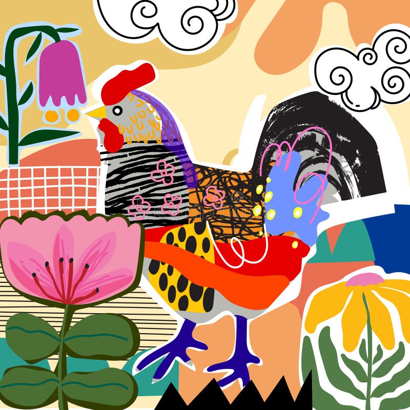 Abstract Chicken Hen Rooster Colorful Geometric Hand Drawn Vector ...