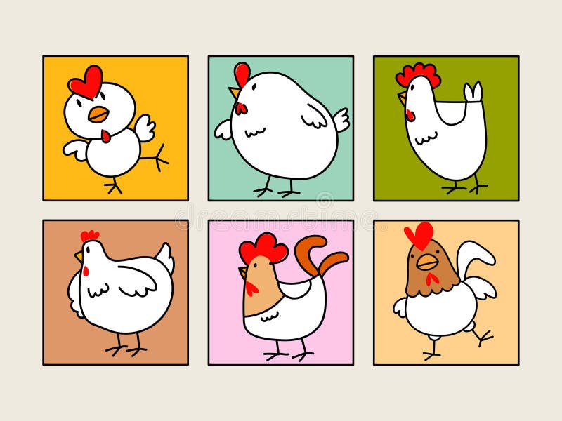Cute Baby Chicken Hen Rooster Cartoon Comic Character Vintage Vector ...