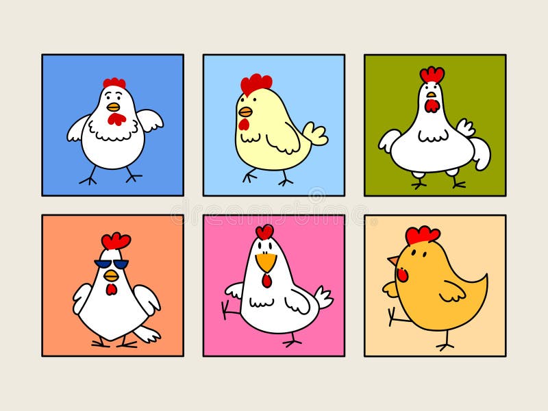 Cute Baby Chicken Hen Rooster Cartoon Comic Character Vintage Vector ...