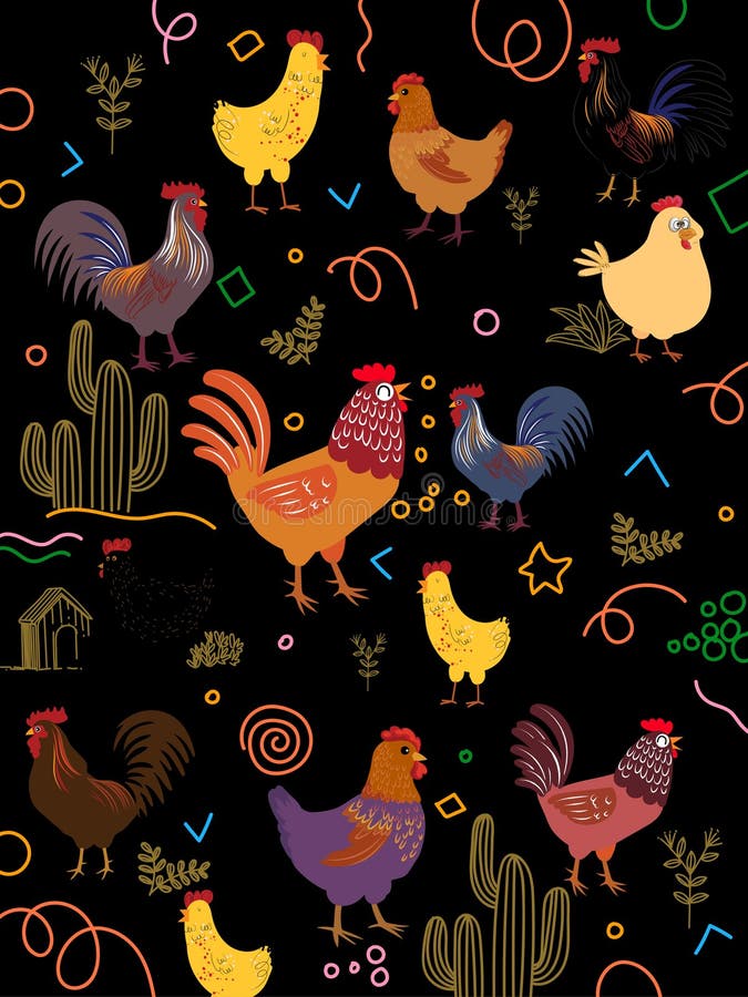 Abstract Chicken Hen Rooster Hand Drawing Pattern with Nature ...