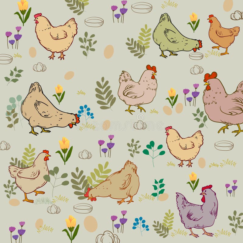 Abstract Chicken Hen Rooster Hand Drawing Pattern with Nature ...