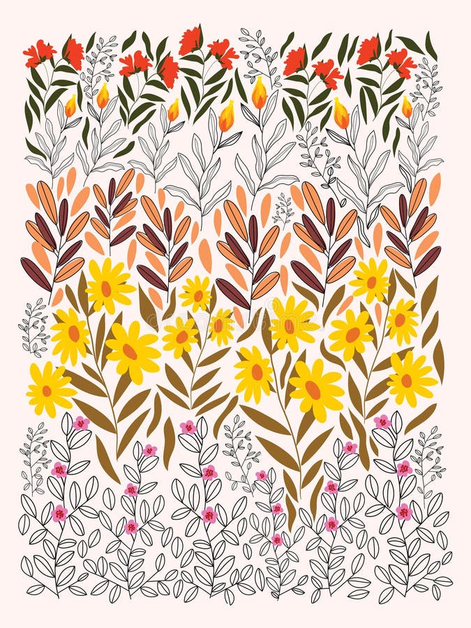 Abstract Textured Flowers Leaves Plants Hand Drawing Line Art Pattern ...