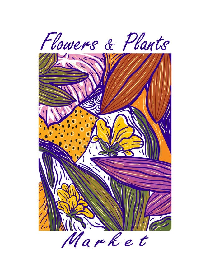 Abstract Textured Flowers Leaves Plants Hand Drawing Line Art Pattern ...