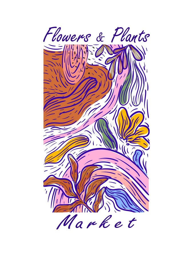 Abstract Textured Collage Flowers Plants Rough Hand Drawing Line Art ...