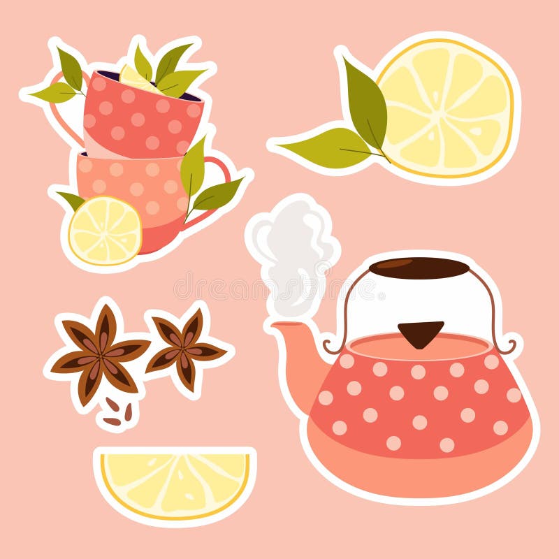 Set of Stickers with Lemon Tea and Tea Party Utensils. Boiling Kettle ...