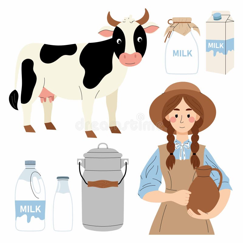 Cow Milk, Dairy Farm. Girl with a Clay Jug, Milkmaid. Domestic Horned ...