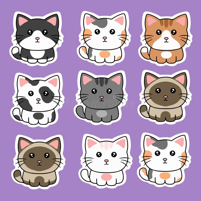Cute Cartoon Cats Stickers Set Stock Vector - Illustration of funny ...