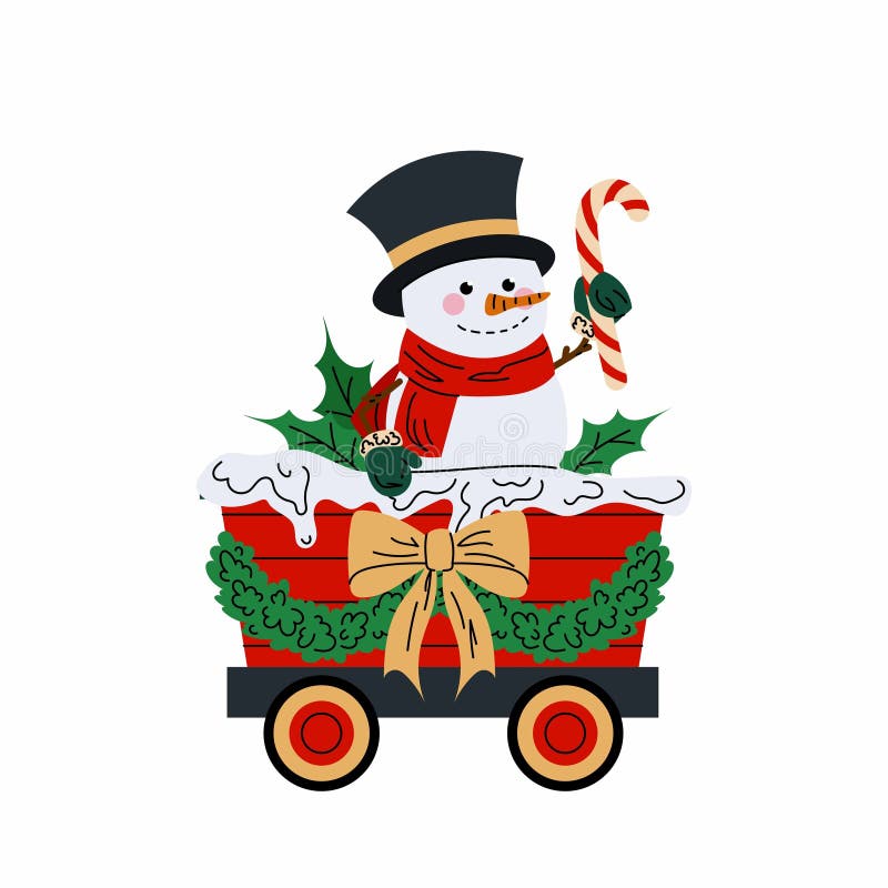 Cute Snowman with Candy Cane in Train Carriage. Christmas Character for ...