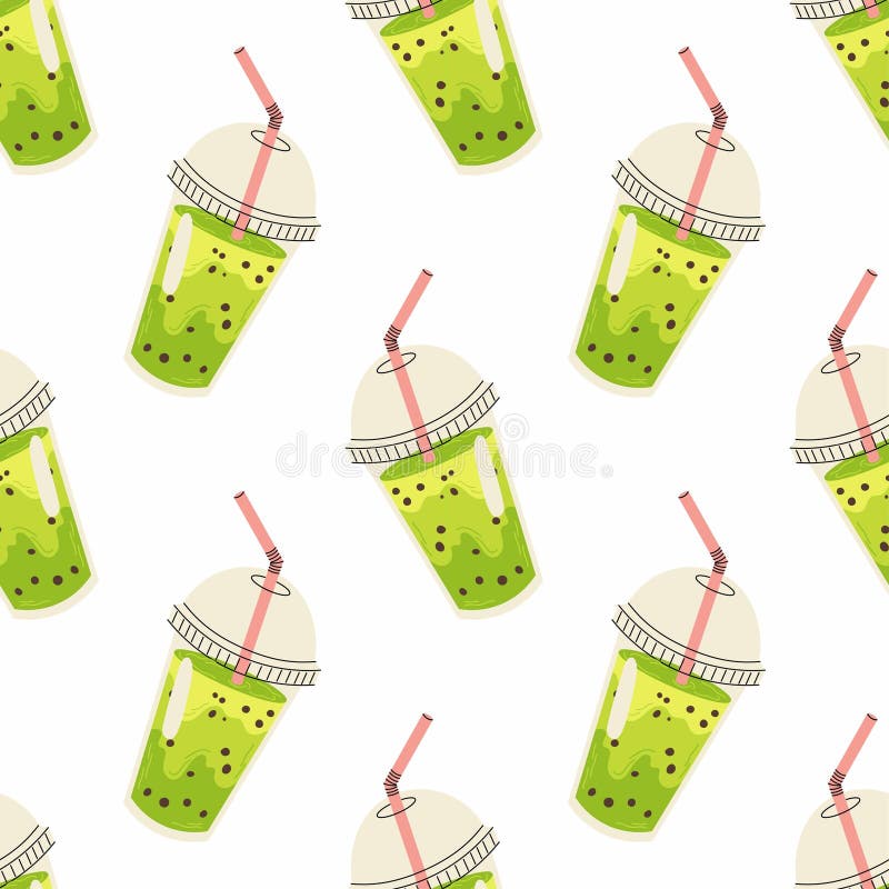 Trendy Asian Beverage Matcha Bubble Tea. Green Tea Drink. Seamless ...
