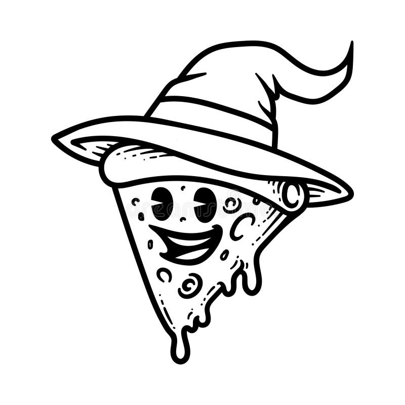 Fun Cartoon of Sliced Pizza with Witch Hat Isolated Drawing Line Art ...