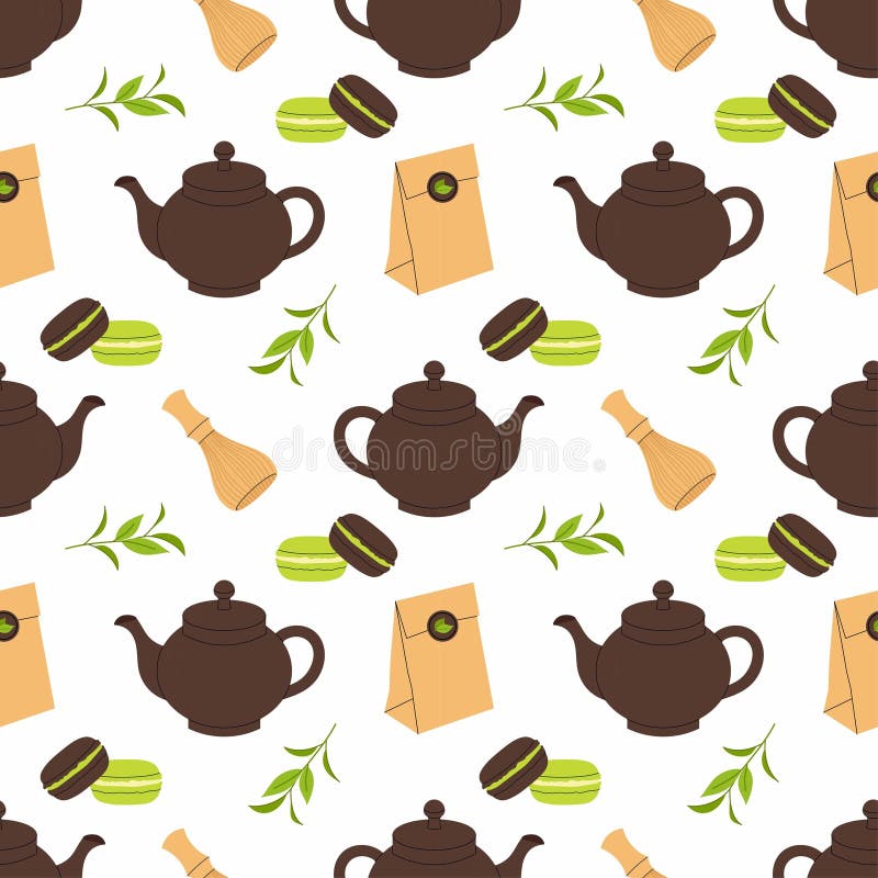 Matcha Green Tea. Seamless Pattern with Teapot, Green Tea, Macaroons. Traditional Asian Drink ...