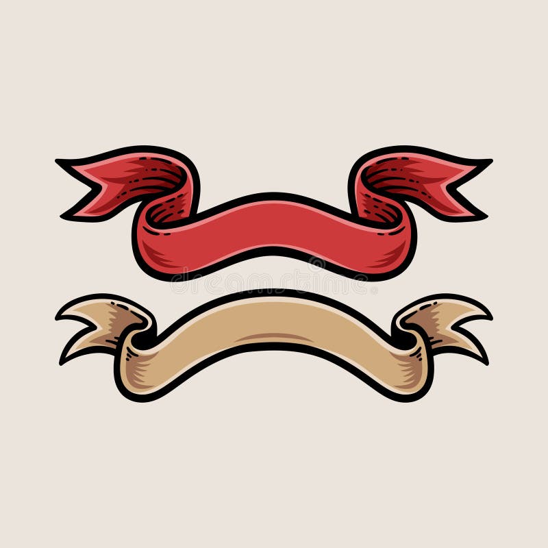 Two Ribbons Banner Isolated Colored Drawing Line Art Style Sketch ...