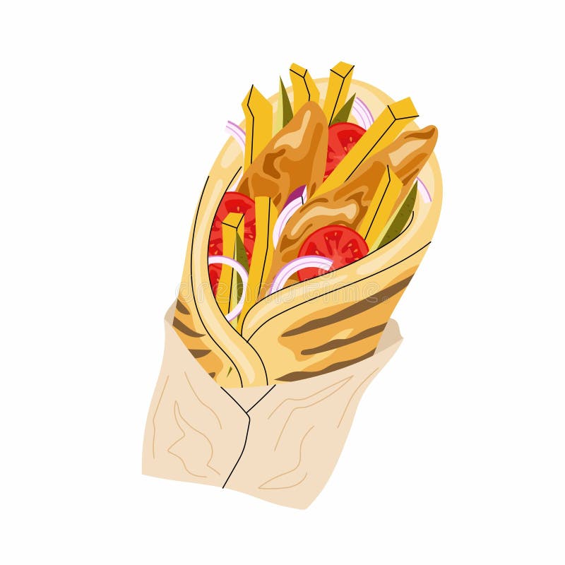 Gyro. Greek Traditional Food. Pita with Vegetables, Meat, French Fries ...