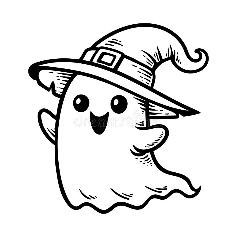 Fun Cute Ghost Wizard Chibi Cartoon Character Isolated Drawing Line Art ...
