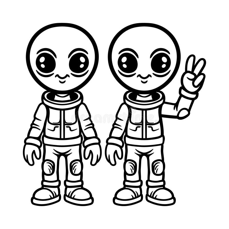 Fun Twin Alien in Suit with Peace Hand Cartoon Isolated Drawing Line ...