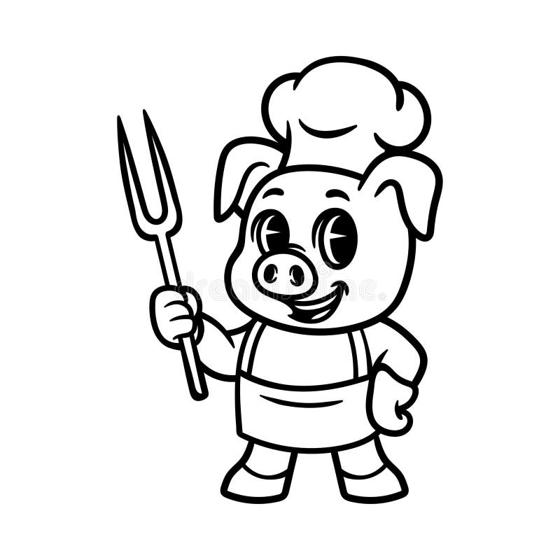 Fun Pig Grill Chef Cartoon Character Isolated Drawing Line Art Style ...