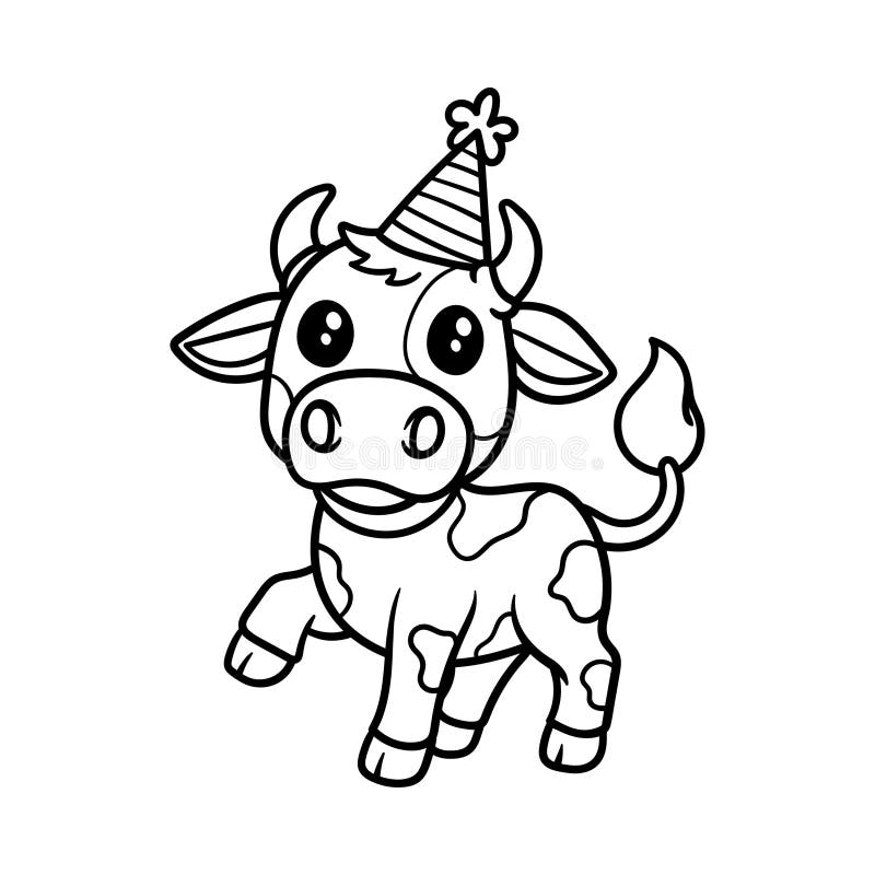 Fun Cute Birthday Cow Cartoon Character Isolated Drawing Line Style ...
