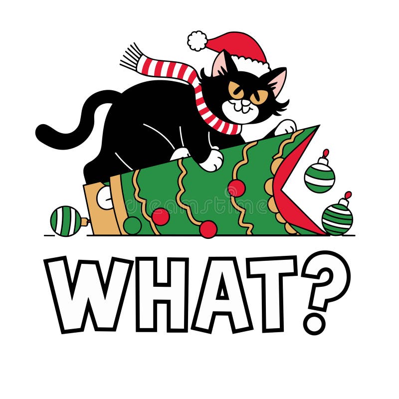 Funny Black Cat Pushing Christmas Tree Over Cat What Xmas Stock Vector ...