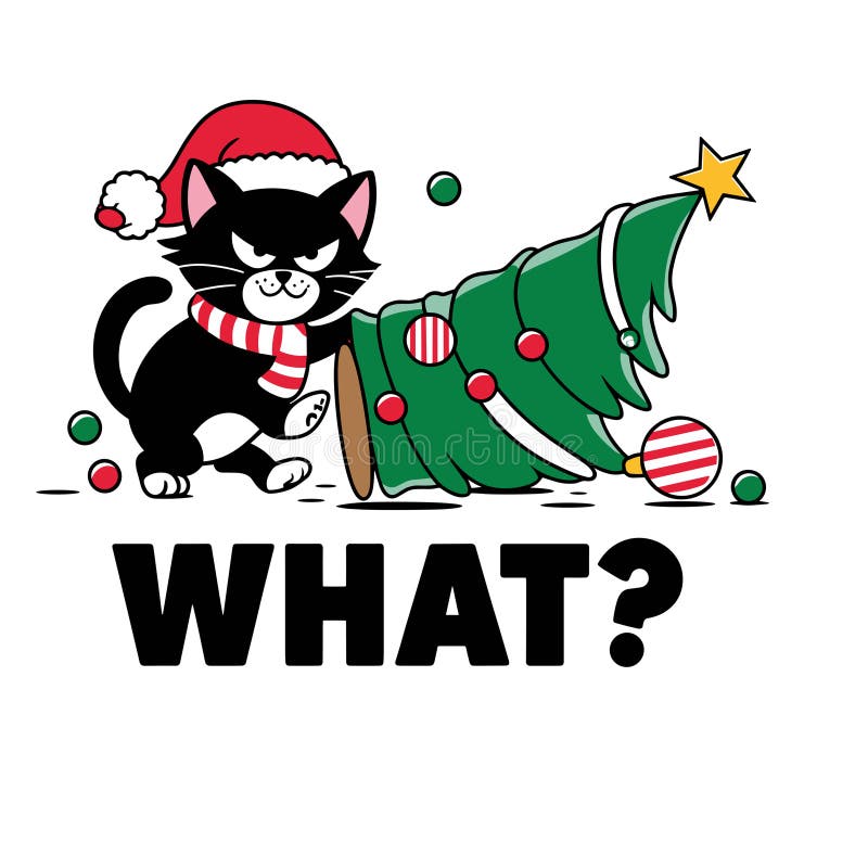 Funny Black Cat Pushing Christmas Tree Over Cat What Xmas Stock ...