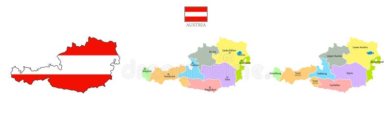 Set of Three Austria Maps: Contours, Regions, Flag Details and City ...