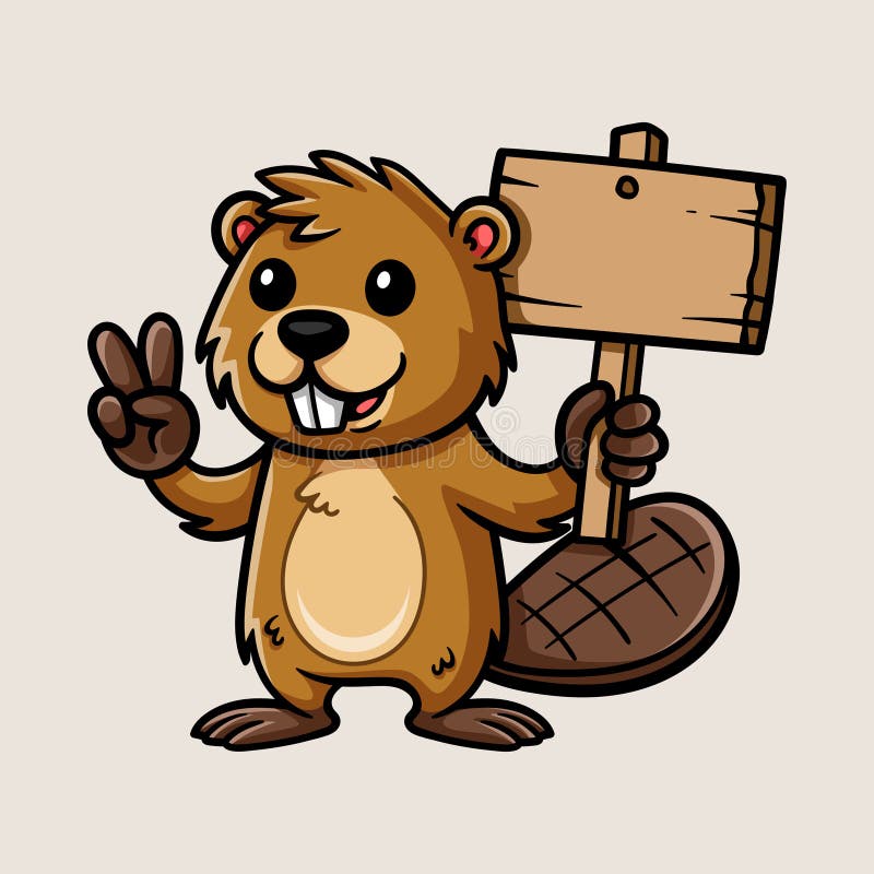 Fun Cute Beaver Hold Wood Sign Cartoon Colored Isolated Drawing Line ...